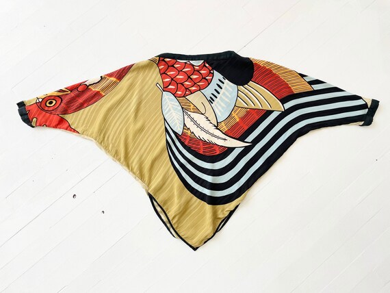 1980s Vollbracht Printed Silk Batwing Sleeve Top - Gem