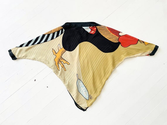 1980s Vollbracht Printed Silk Batwing Sleeve Top - Gem