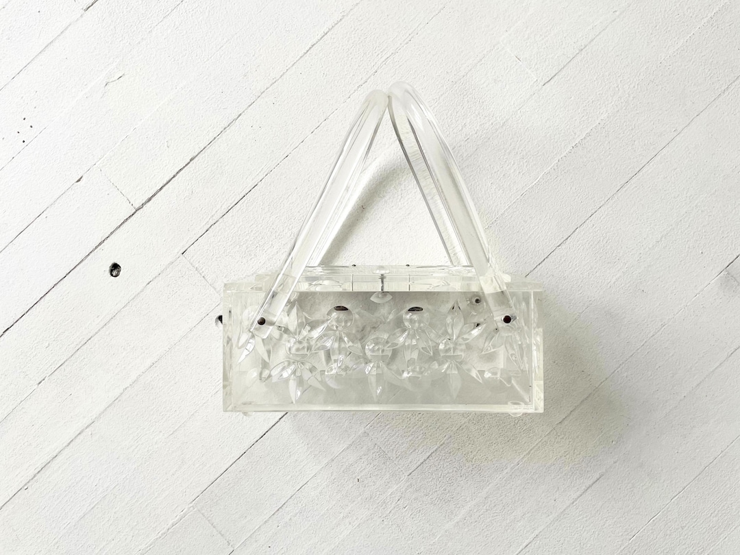 1950s Clear Lucite Handbag – Carved Floral Acrylic Box Purse With ...