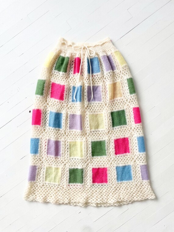 1970s Wool Granny Square Crochet Maxi Skirt - Gem
