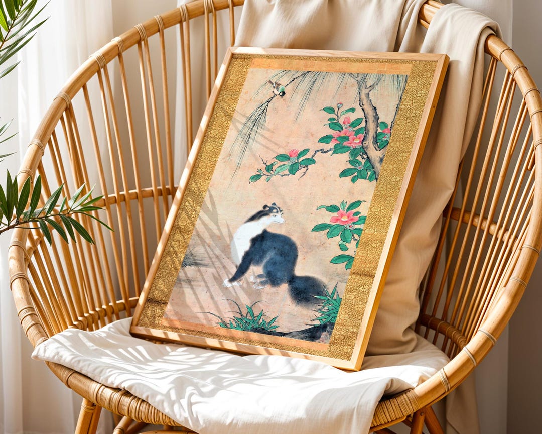 Musk Cat and Camellia – Edo Period-inspired Japanese Scroll Art - Etsy