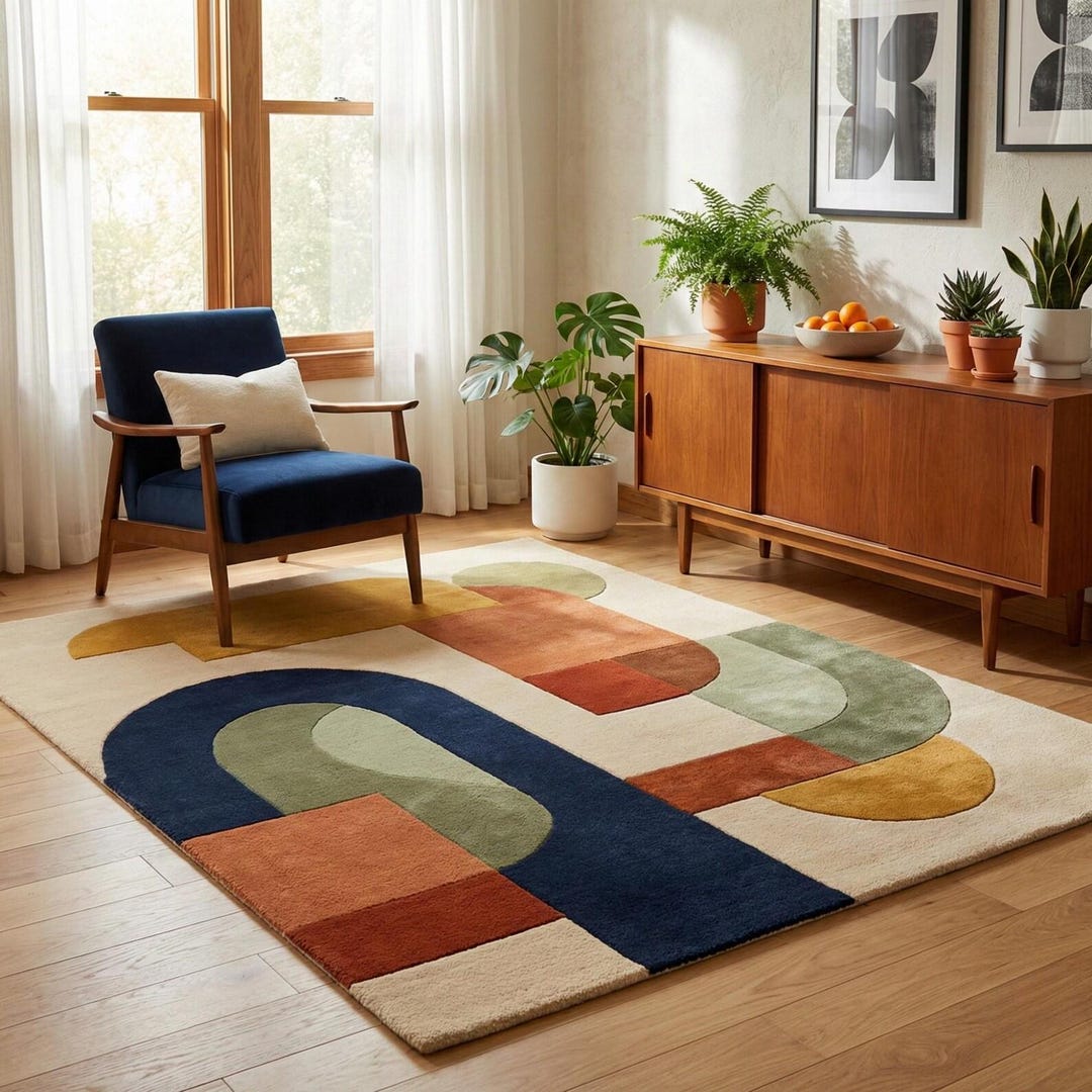Mid Century Modern Geometric Wool Rug: Hand Tufted Abstract Bauhaus ...