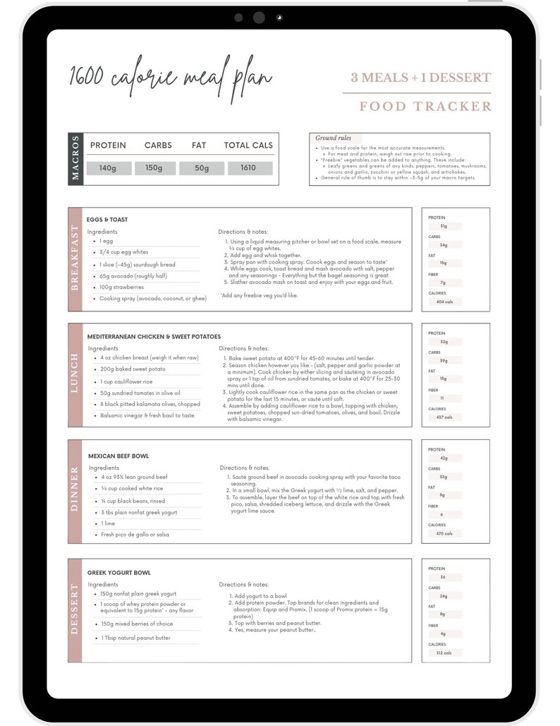 1600 Calorie Meal Plan for Weight Loss - Etsy