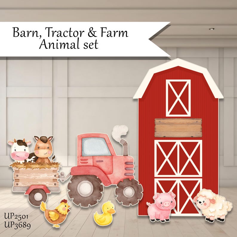 RED BARN Tractor Farm Animal Set Backdrop Coroplast Plastic Props ...