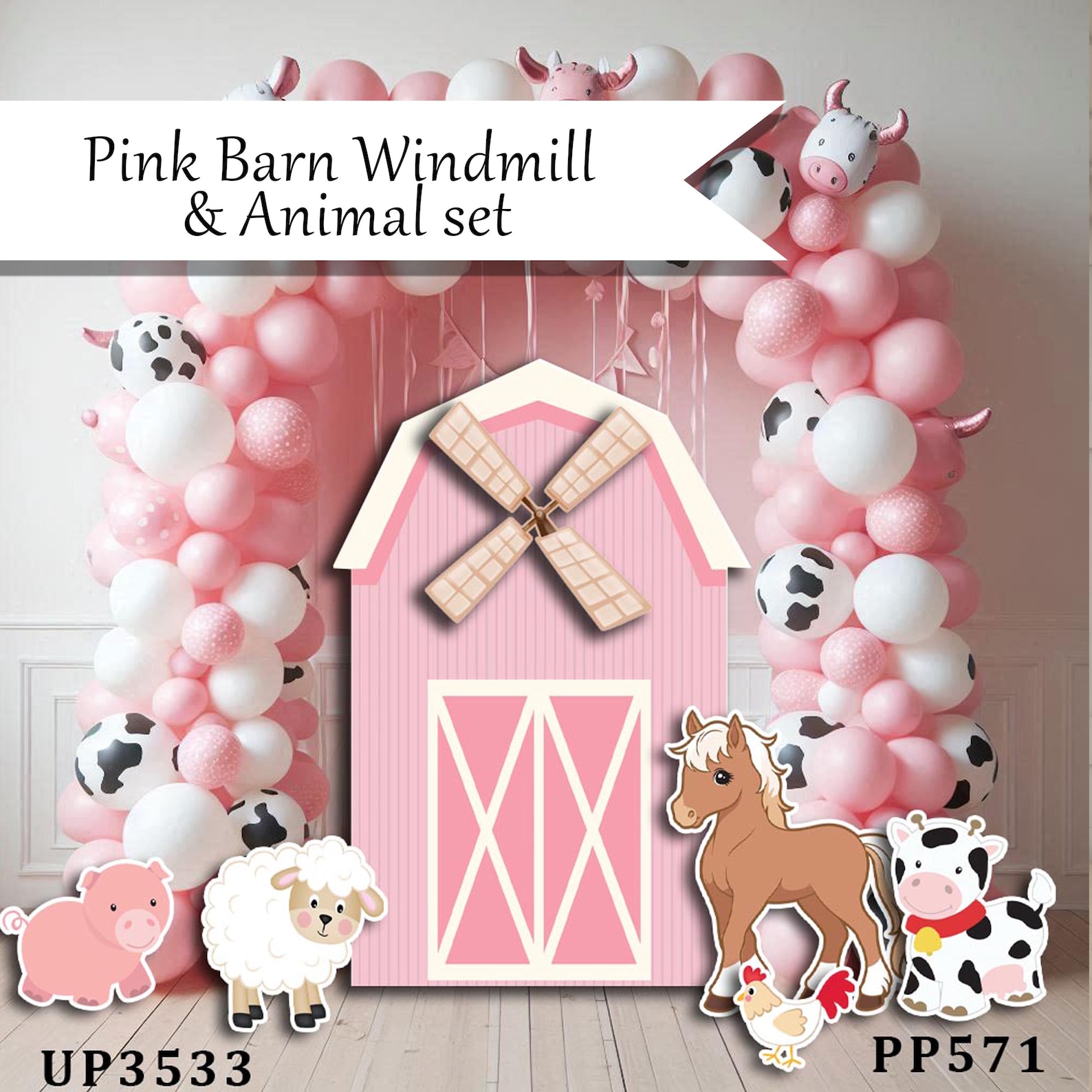 PINK FARM BARN Set Backdrop Coroplast Plastic Props Cutouts Party Decor ...