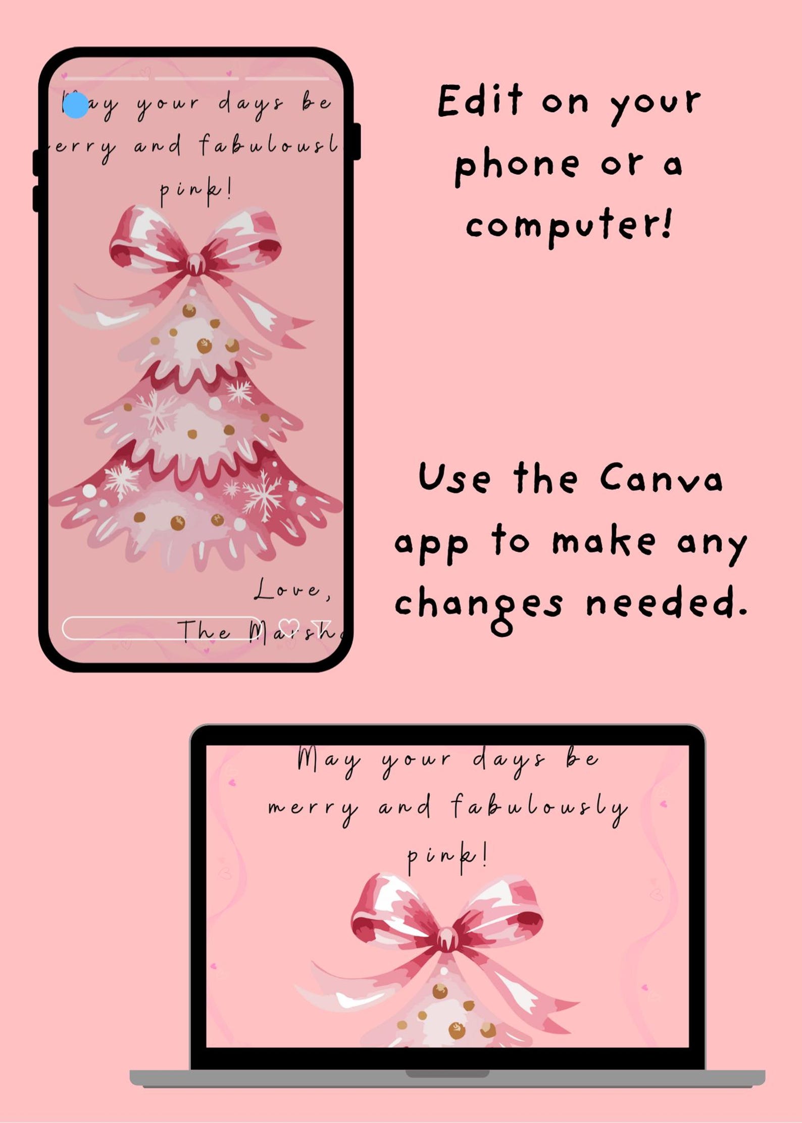 Pink Christmas Digital Card, Editable Card for Christmas, Girly Pink ...