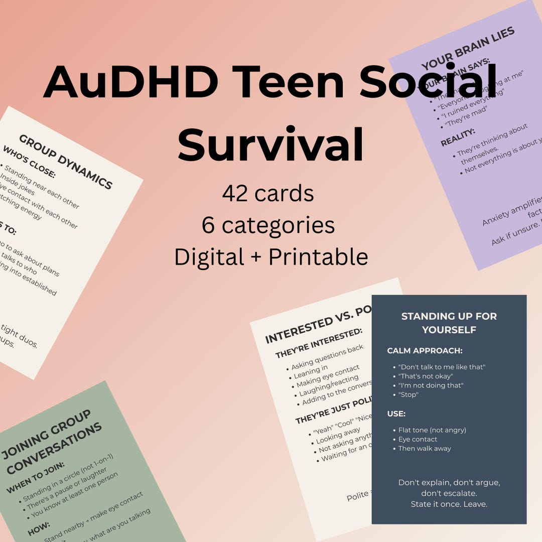 Audhd Teen Social Skills Cards | 42 ADHD Autism Anxiety Printable ...