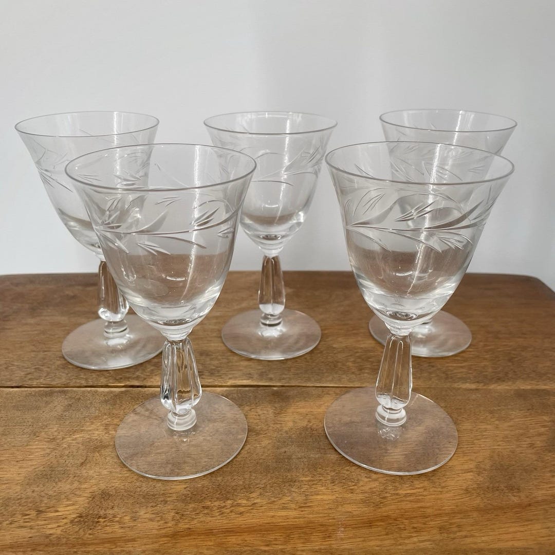 Set of 5 Vintage 1930's Seneca Etched Crystal Footed Juice Tumblers ...