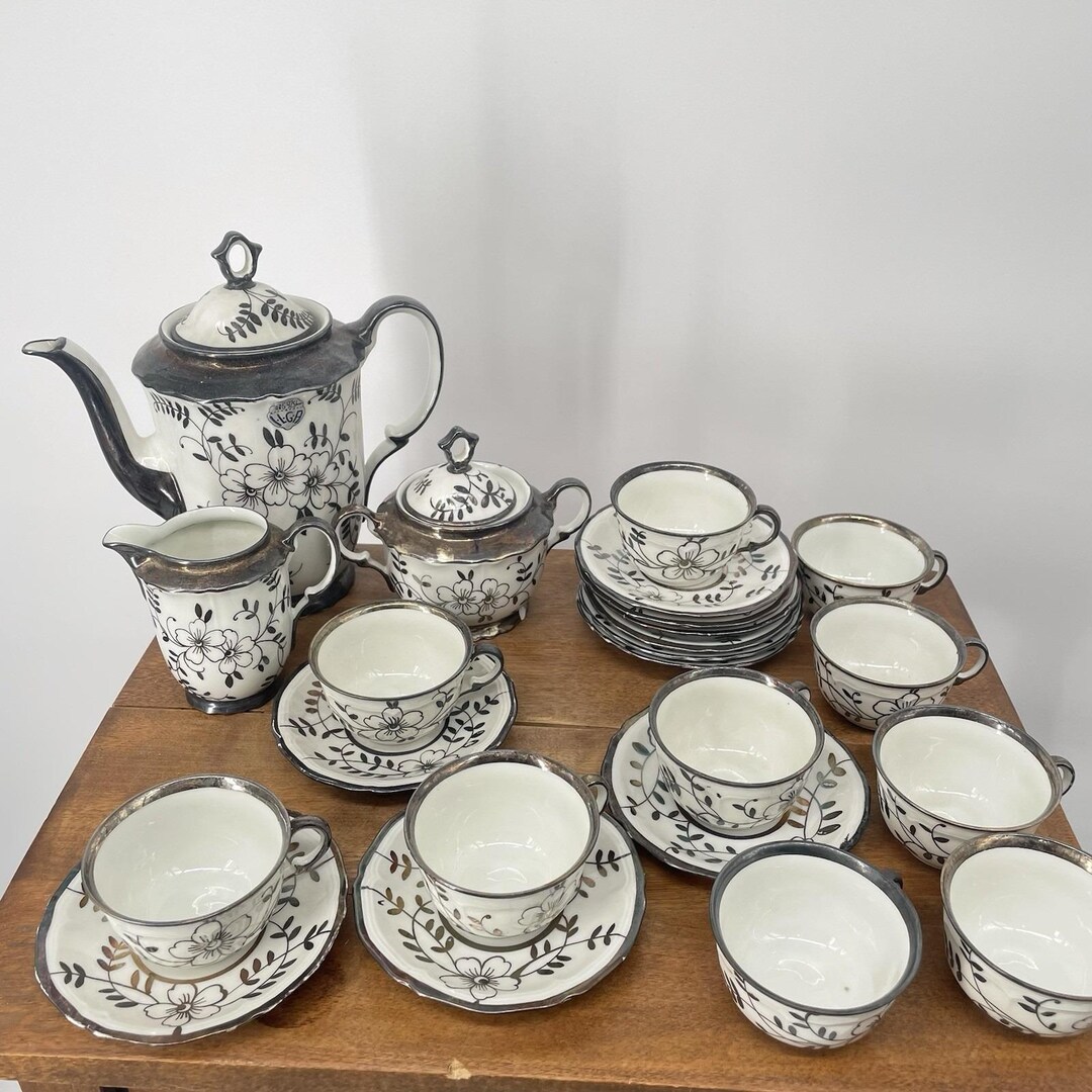 VTG Tea Set .925 Sterling Silver Overlay Bavaria Oscar Schaller Art ...