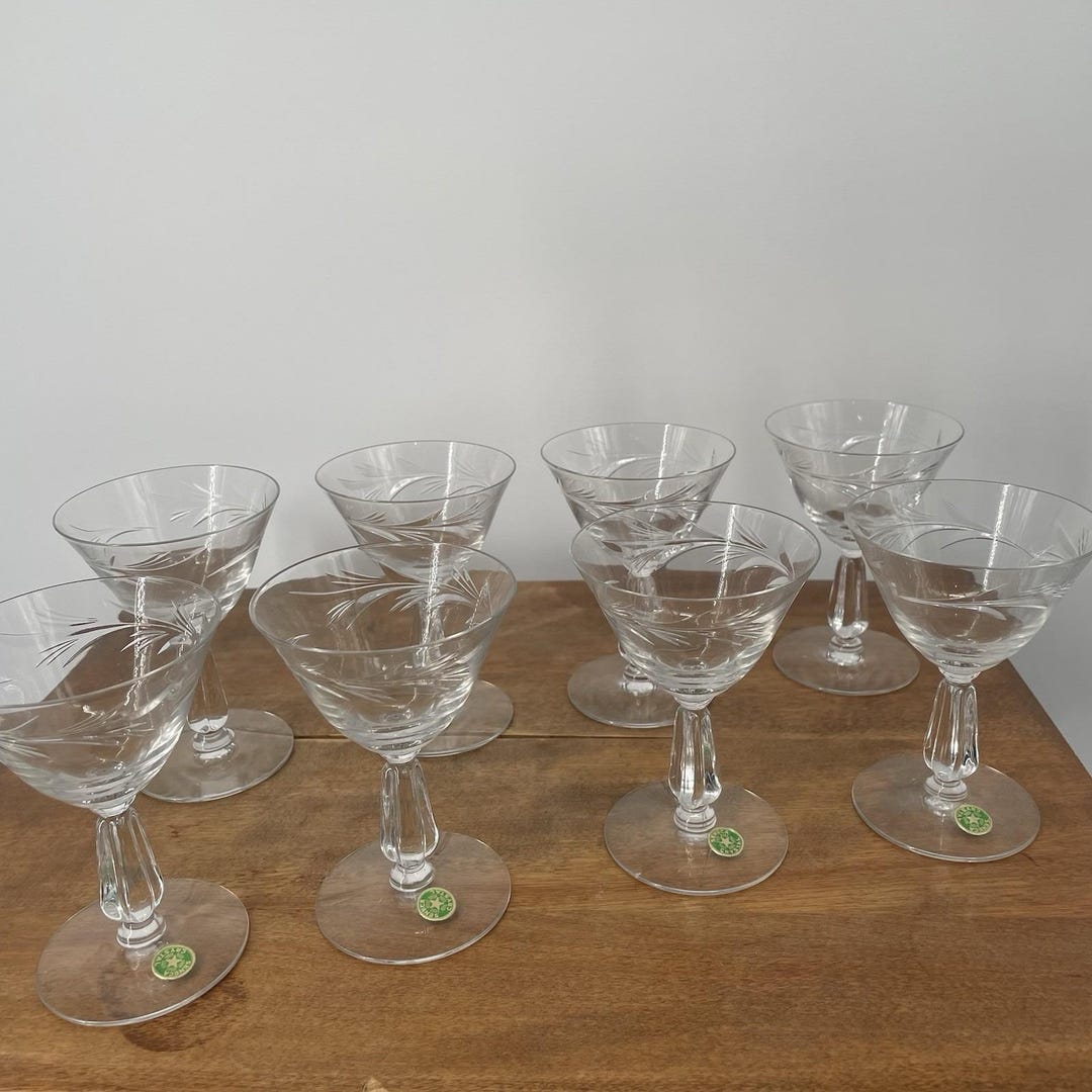 Set of 8 VTG 30s Seneca Etched Crystal Sherbet Glasses Fern Wheat ...