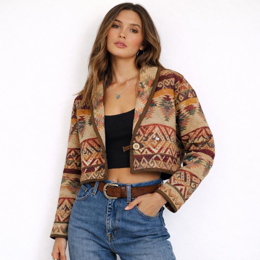 VTG 90s Cropped Southwest Tapestry Jacket Flashback Aztec Cotton M Boho ...