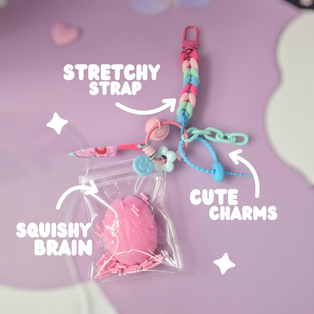 Cute Kawaii Keychain Pink Squishy Brain Skull Charms Keyring Colourful ...