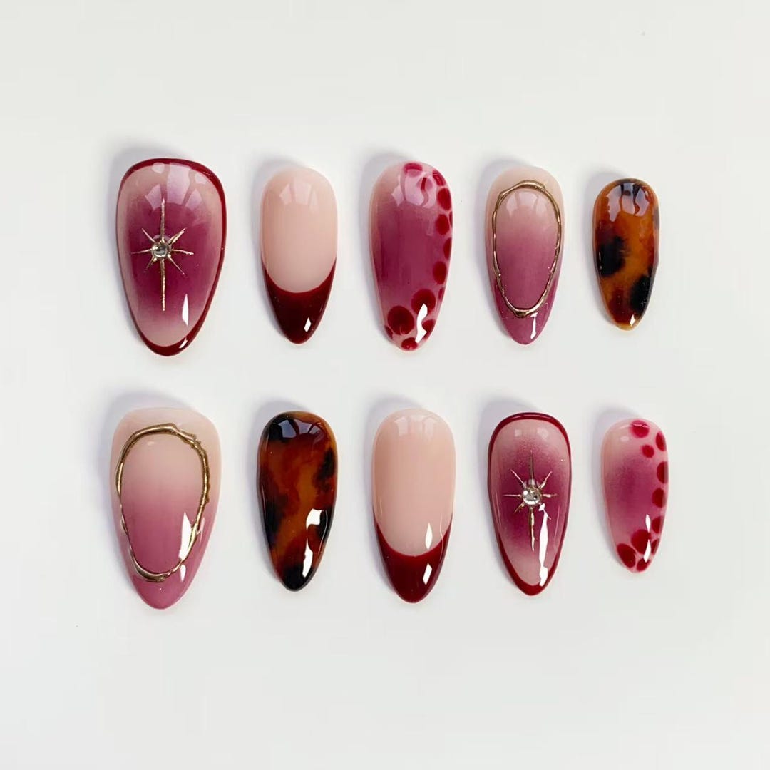 Mulberry Corc Nails/burgundy Press on Nails Long Almond Nails/elegant ...