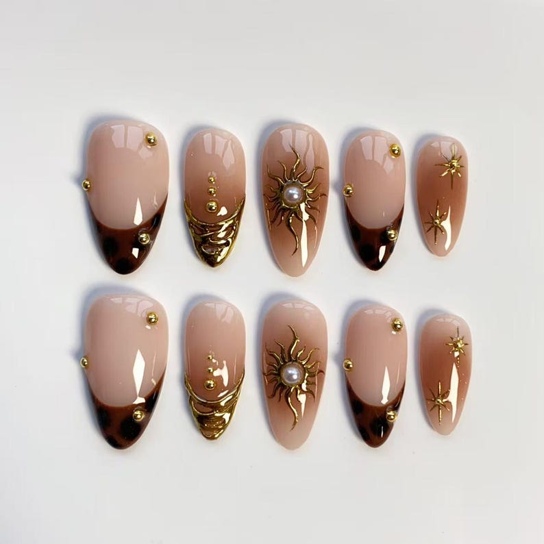 Brown Sun Star Nails/press on Nails Long Almonds/amber Elegant Nails/3d ...