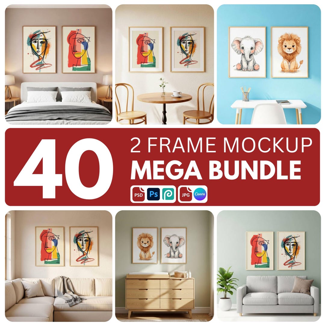 2 Wood Frames Wall Art Mockup Bundle , Double Frame Mockup Photoshop ...