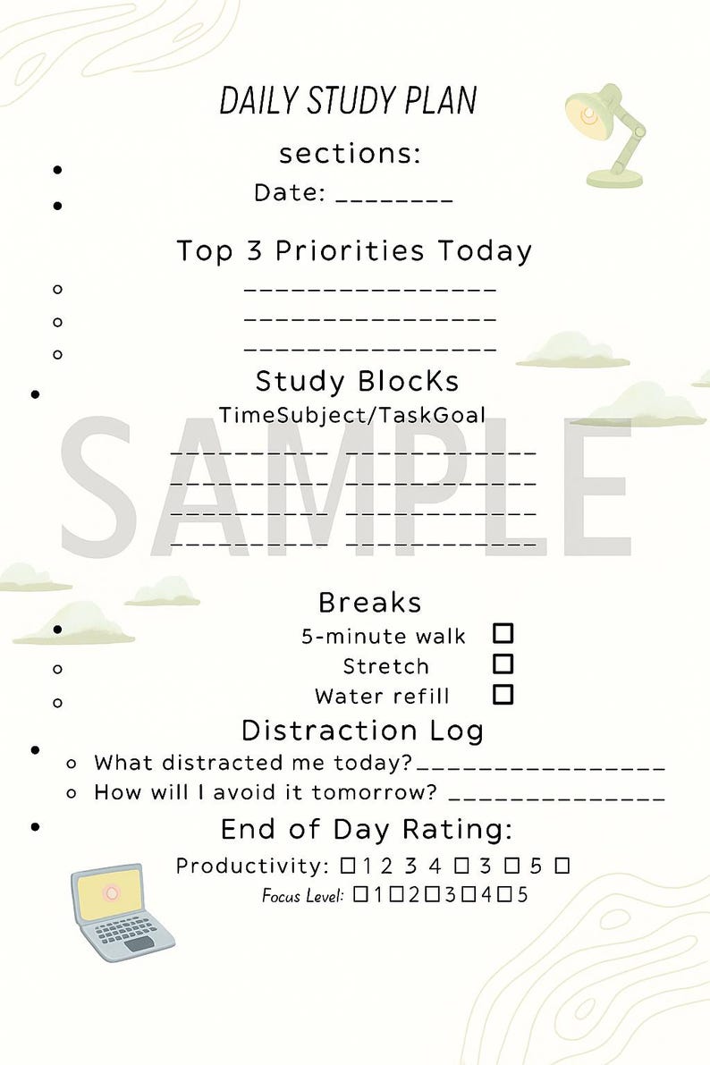 Printable Student Study Productivity Tracker Focused Learning Checklist ...