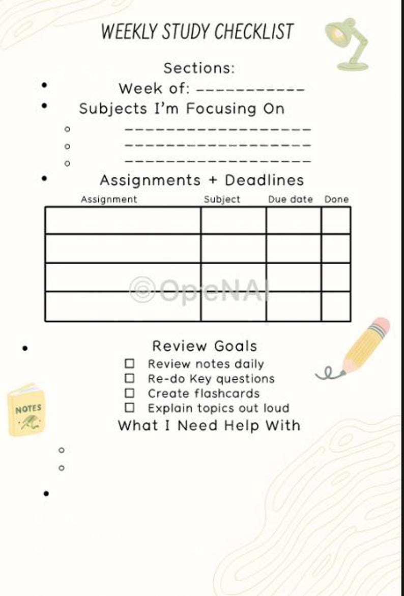 Printable Student Study Productivity Tracker Focused Learning Checklist ...