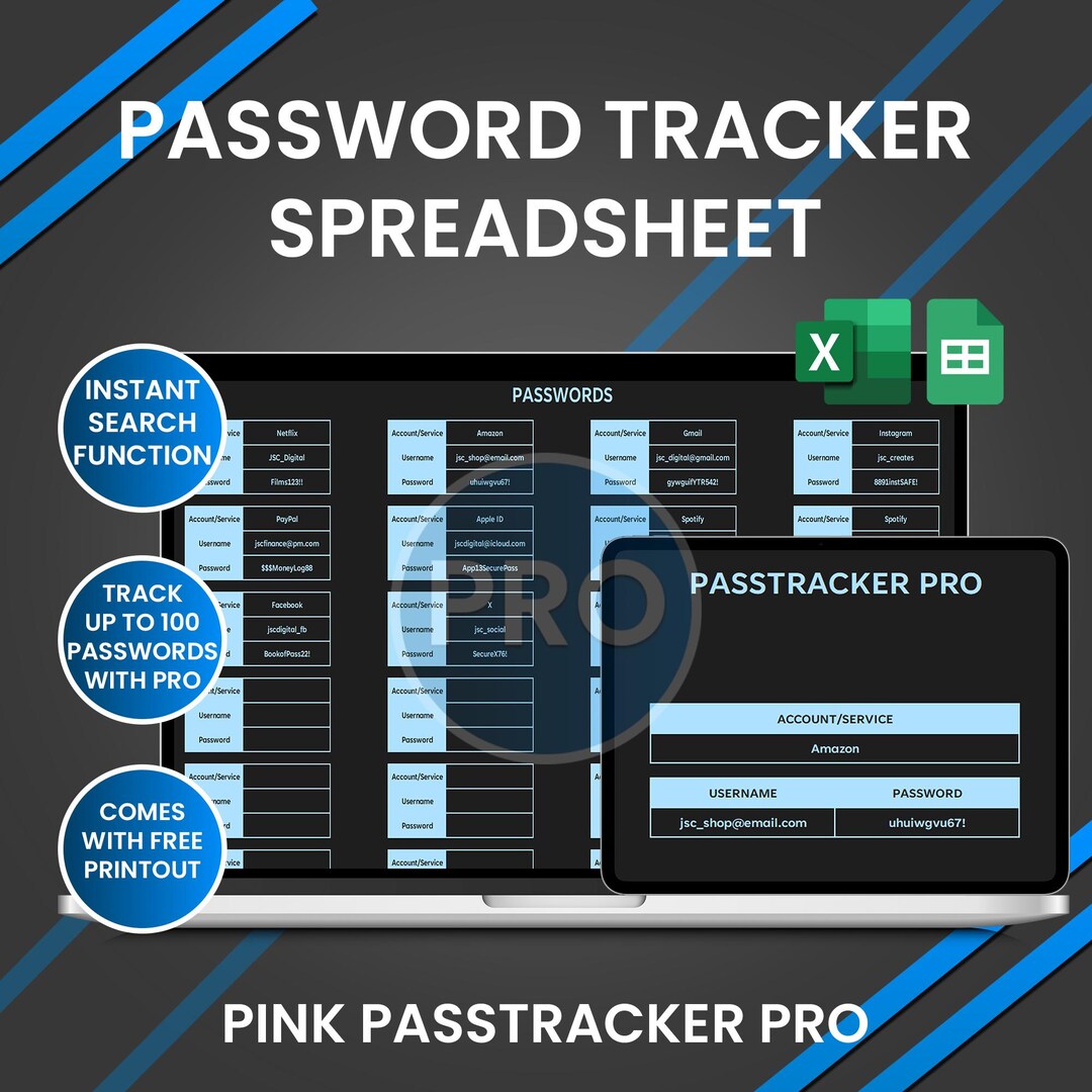 Dark Theme Passtracker Pro | Password Tracker Spreadsheet With Search ...