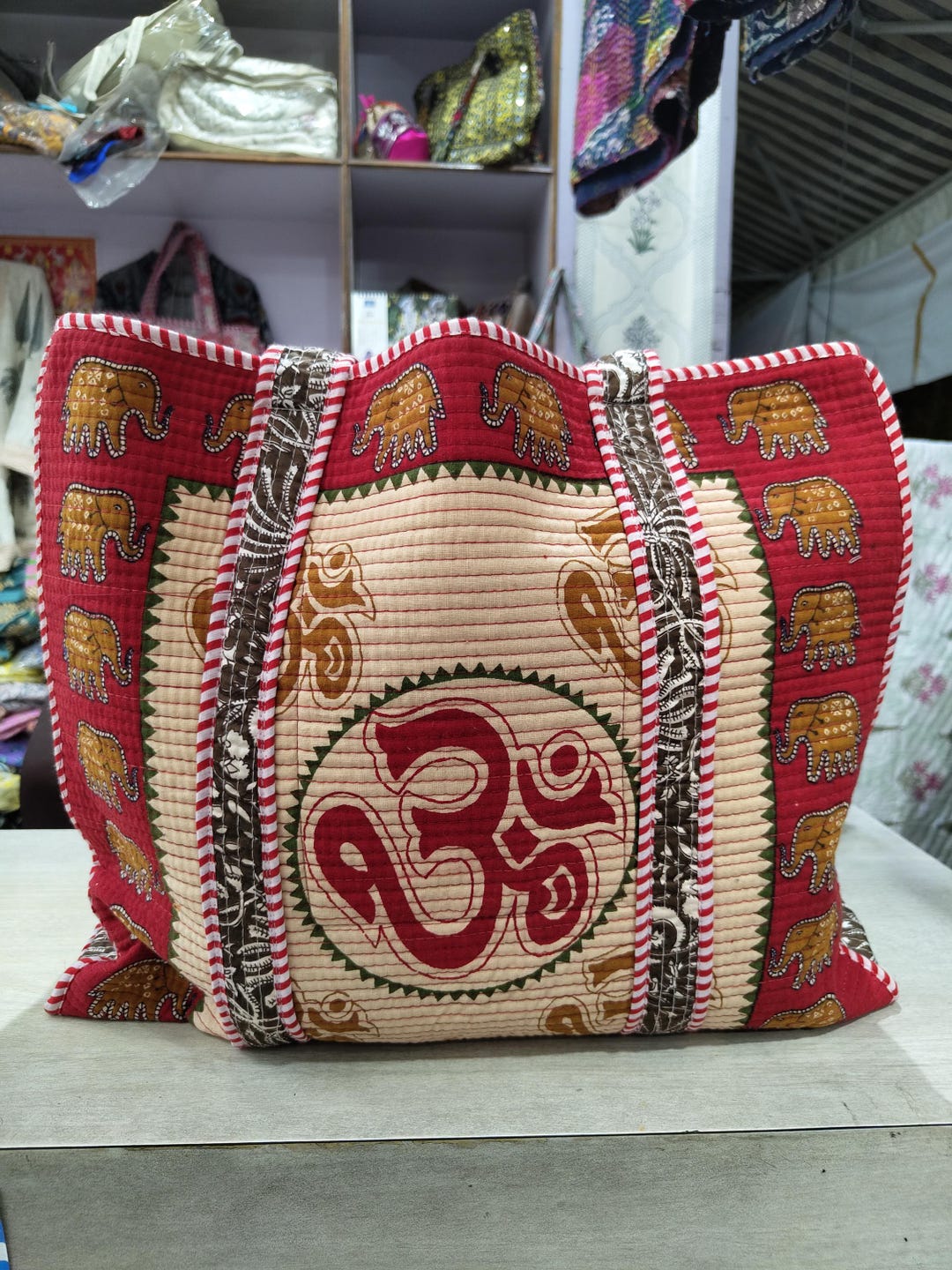 Handmade Om Elephant Print Tote Bag: Red Cotton Ethnic Shopping Bag - Etsy