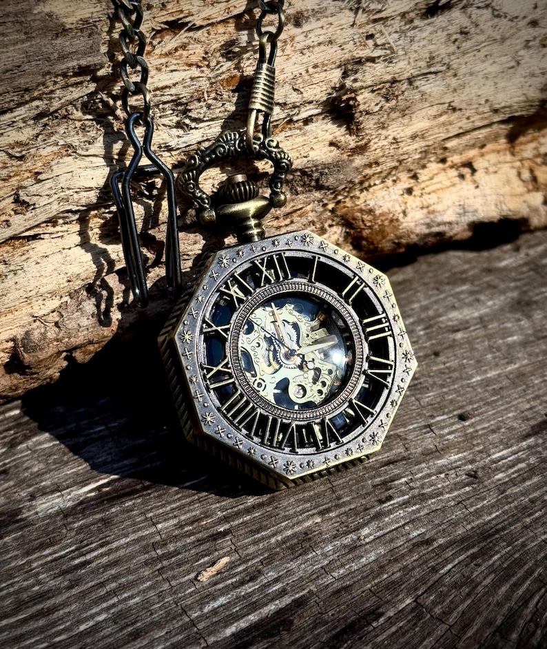 Hexagonal Mechanical Pocket Watch, Antique Style Steampunk Roman Dial ...