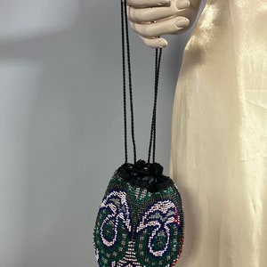 Antique 1910s / 1920s Scroll Beaded Purse, Drawstring Multi Color Micro ...