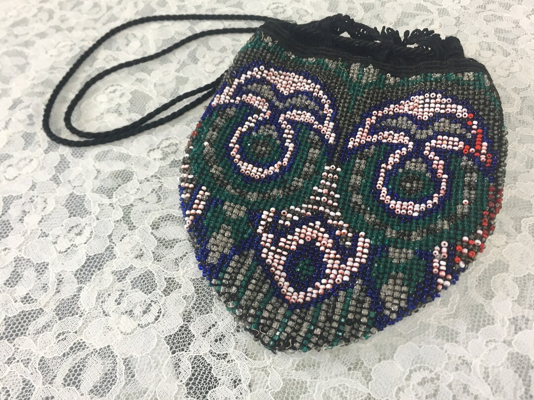 Antique 1910s / 1920s Scroll Beaded Purse, Drawstring Multi Color Micro ...