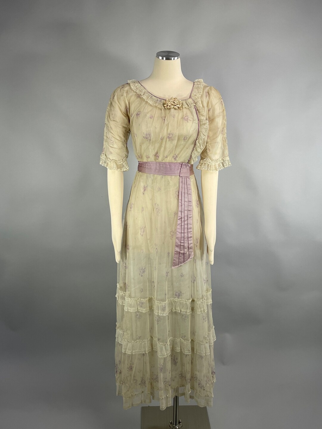 1900s/1910 Antique Floral Net Dress XS, Edwardian Sheer Floor Length ...