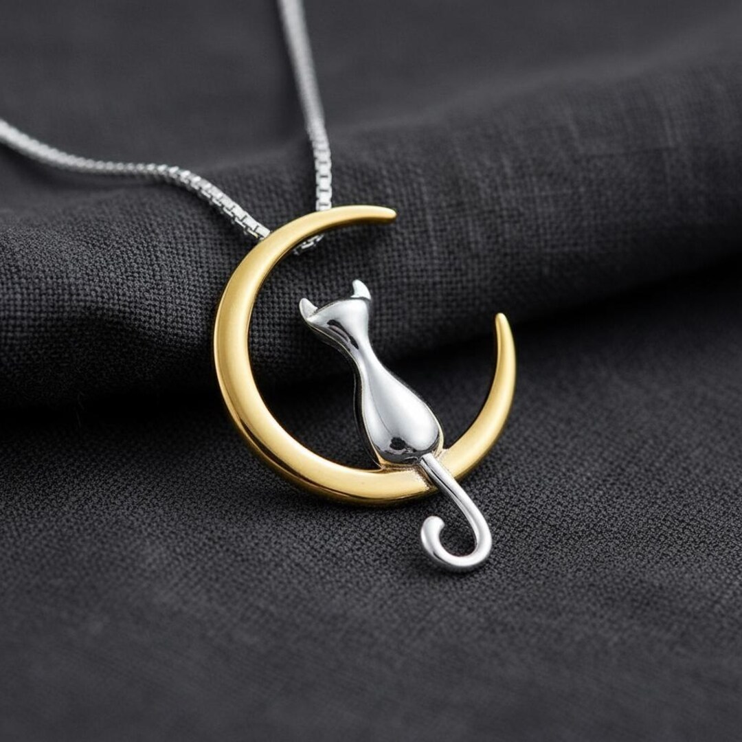 Cat Moon Necklace, Crescent Cat Moon Necklace for Women, Silver ...