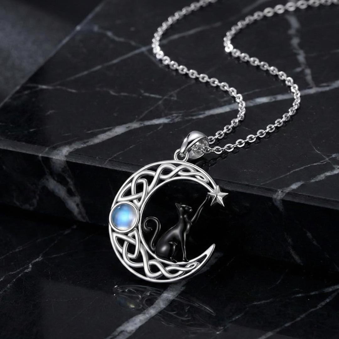 Black Cat Moon Necklace, Crescent Cat Moon Necklace for Women, Kitten ...