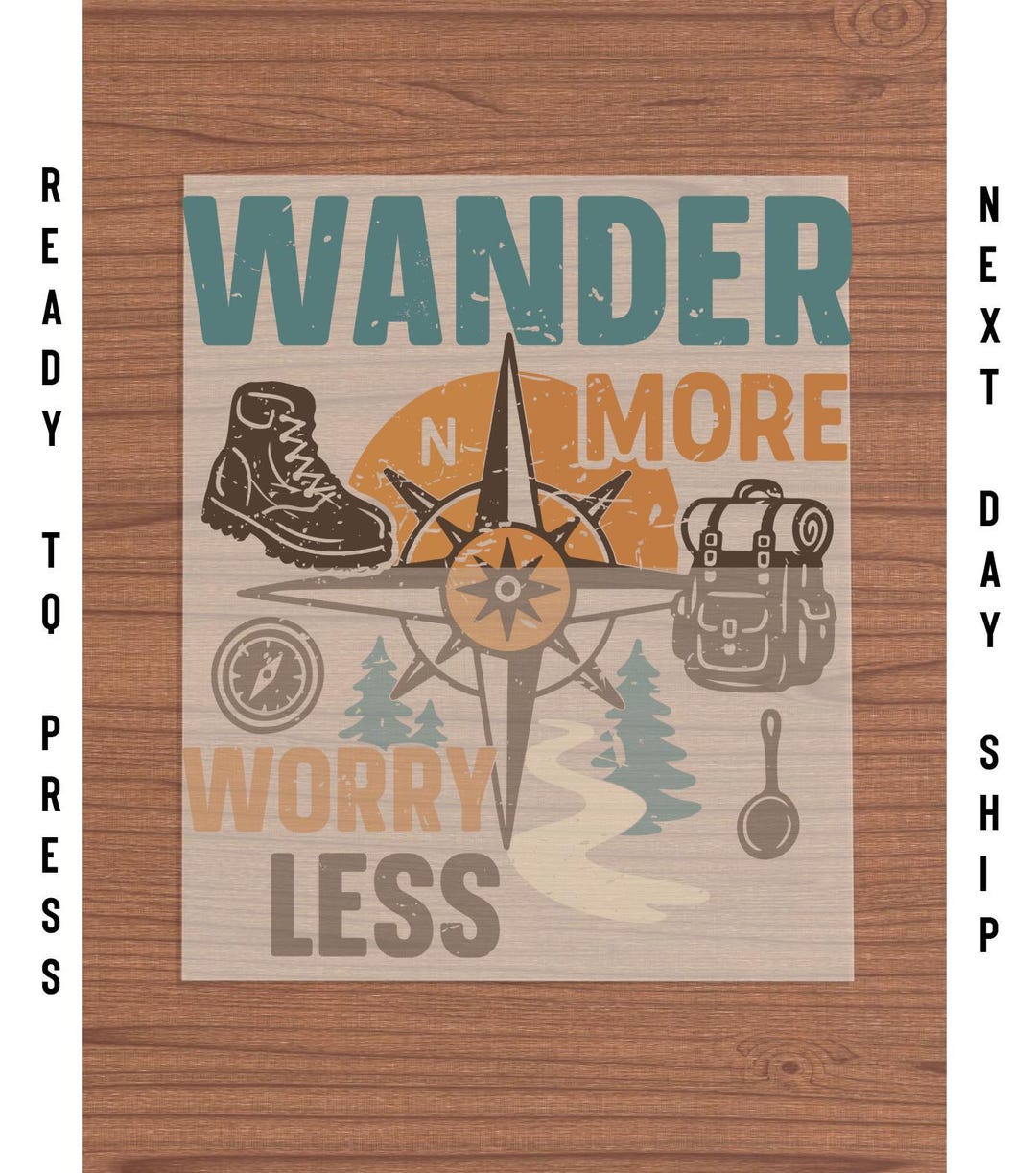 Wander More Worry Less DTF Transfer | Vintage Compass Camping Design ...