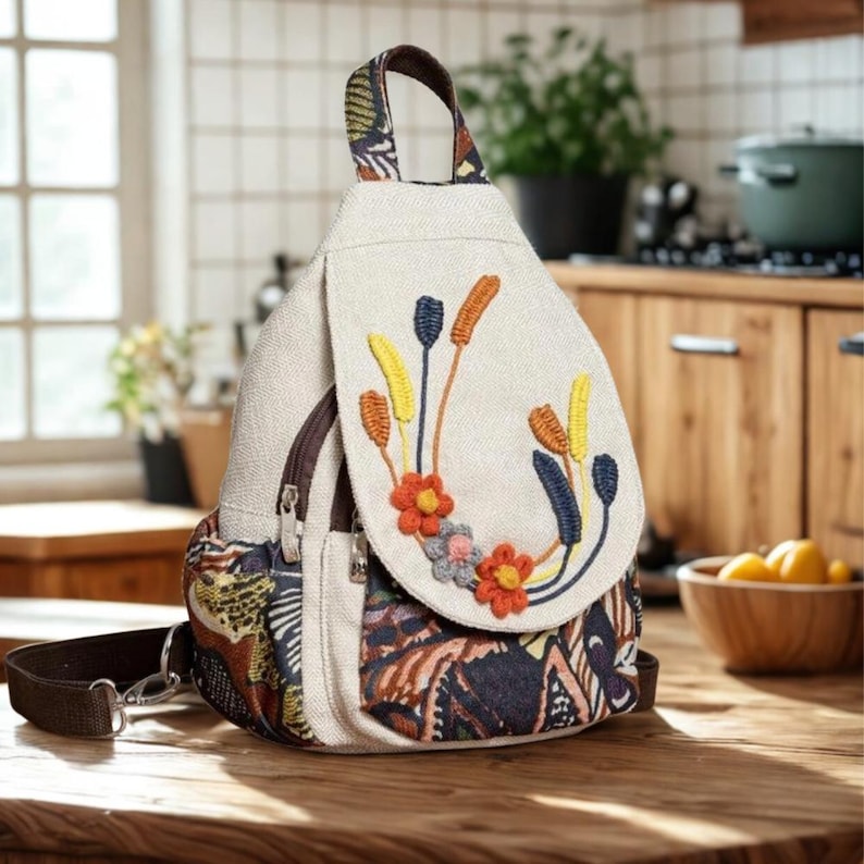 3D Floral Embroidered Canvas Backpack: Handmade Cotton Linen Rucksack ...