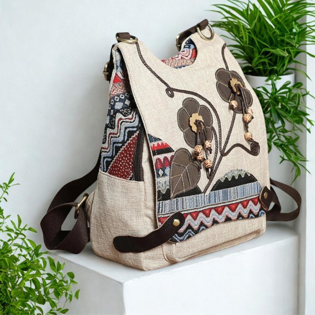 Boho Embroidered Floral Backpack: Handmade Linen Canvas Rucksack - Etsy ...