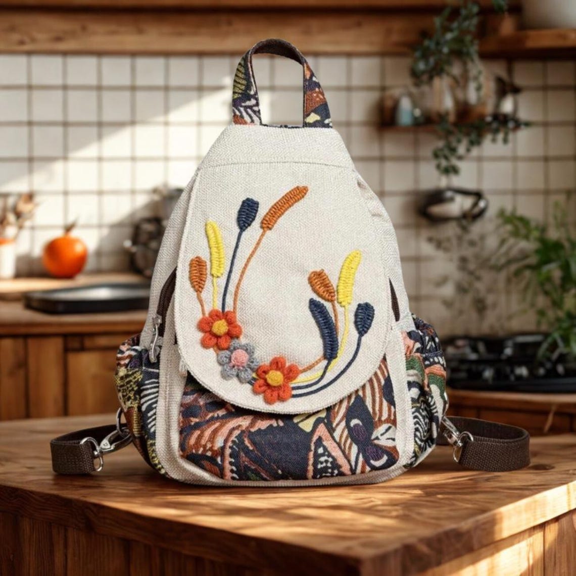 3D Floral Embroidered Canvas Backpack: Handmade Cotton Linen Rucksack ...