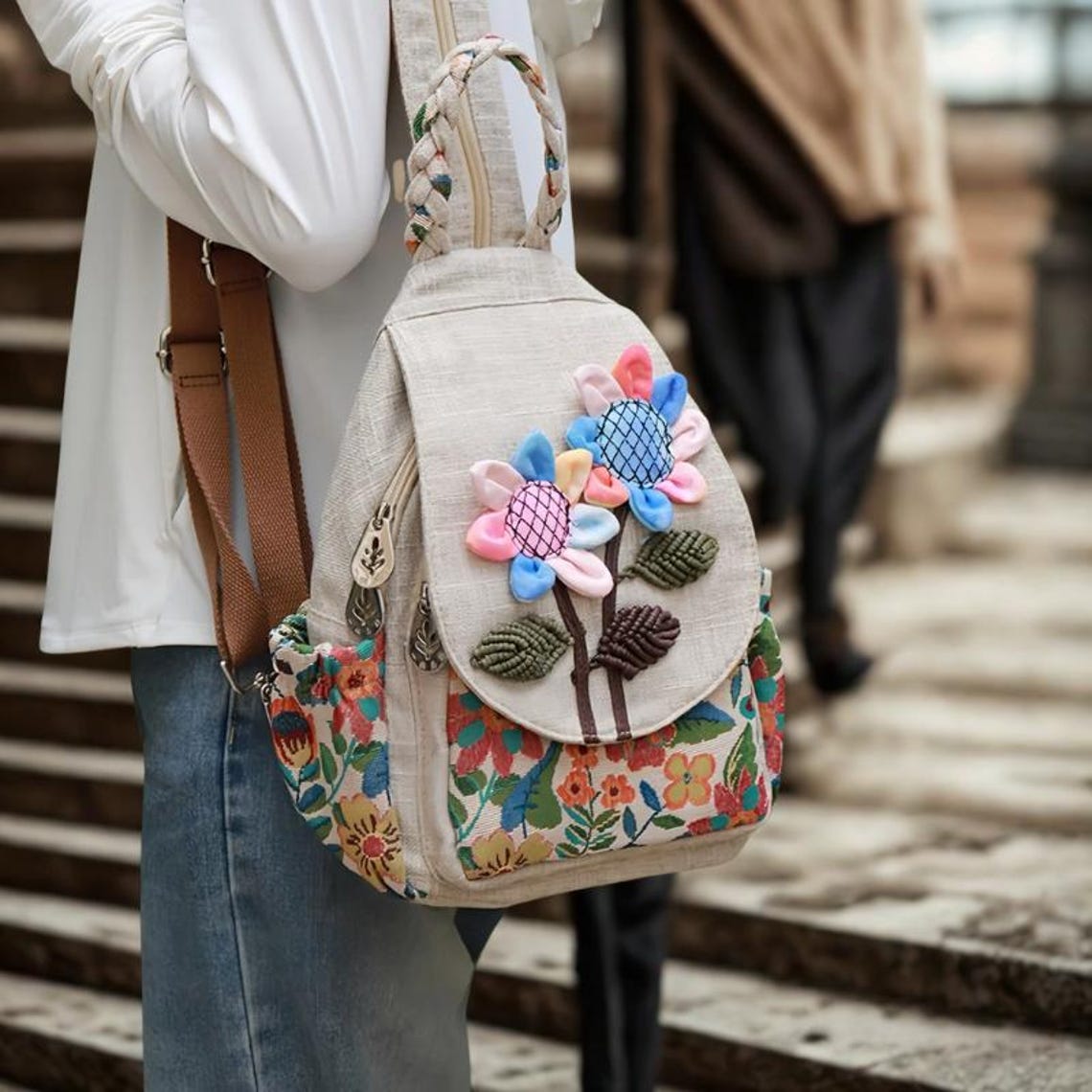 3D Sunflower Embroidered Backpack: Boho Cotton Canvas, Lightweight - Etsy