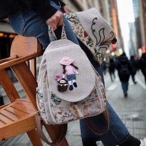 3D Embroidered Linen Backpack: Handmade Boho Girl Applique - Etsy