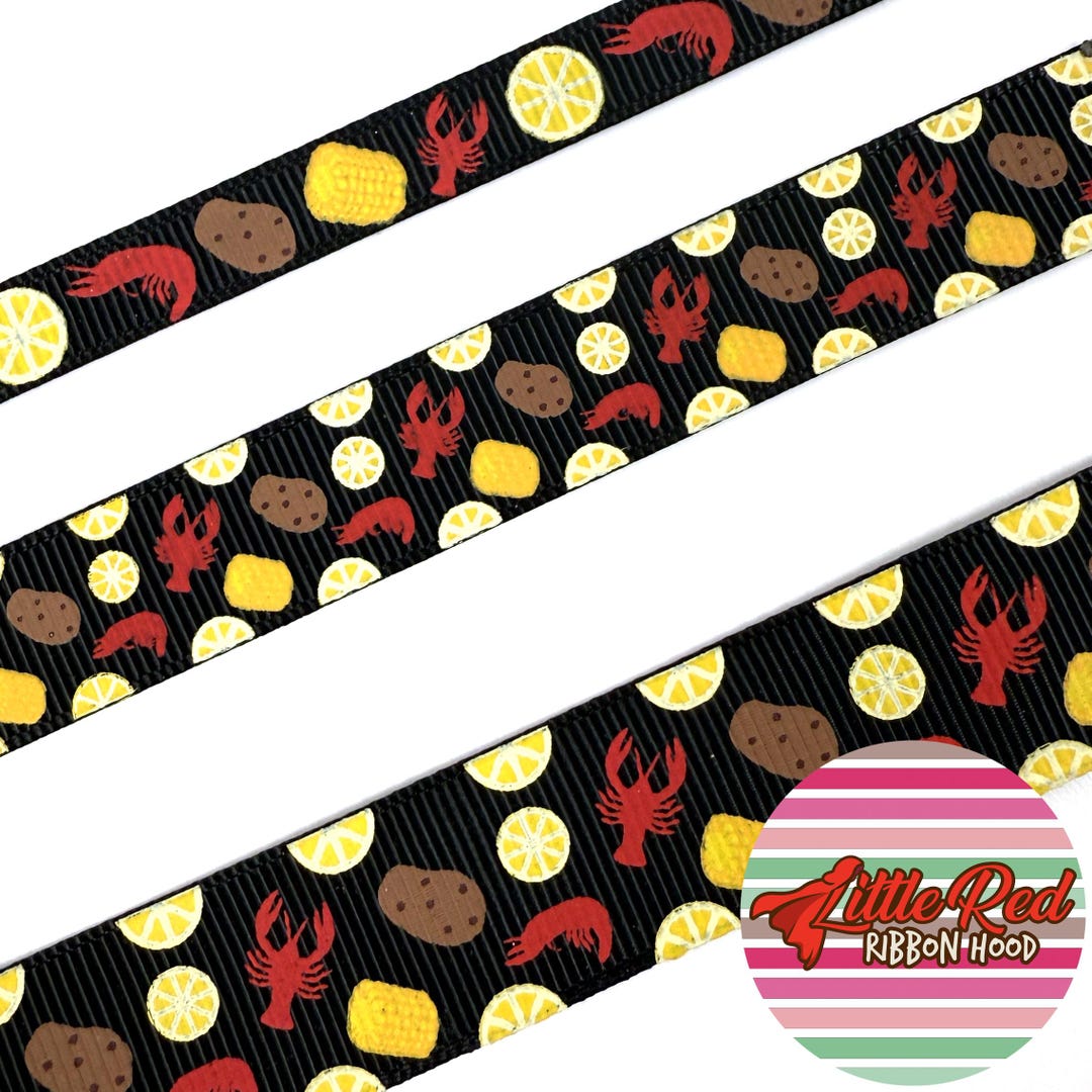 5 Yards 3/8", 5/8", or 7/8" Printed Grosgrain Ribbon, Crawfish Boil ...