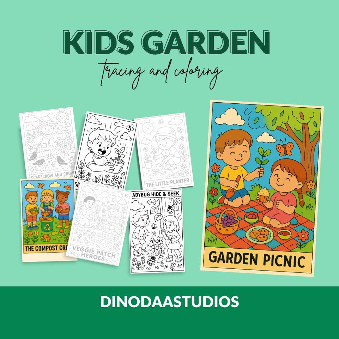 Kids Garden Tracing and Coloring Pages – 18 Cute Outdoor Nature Scenes ...