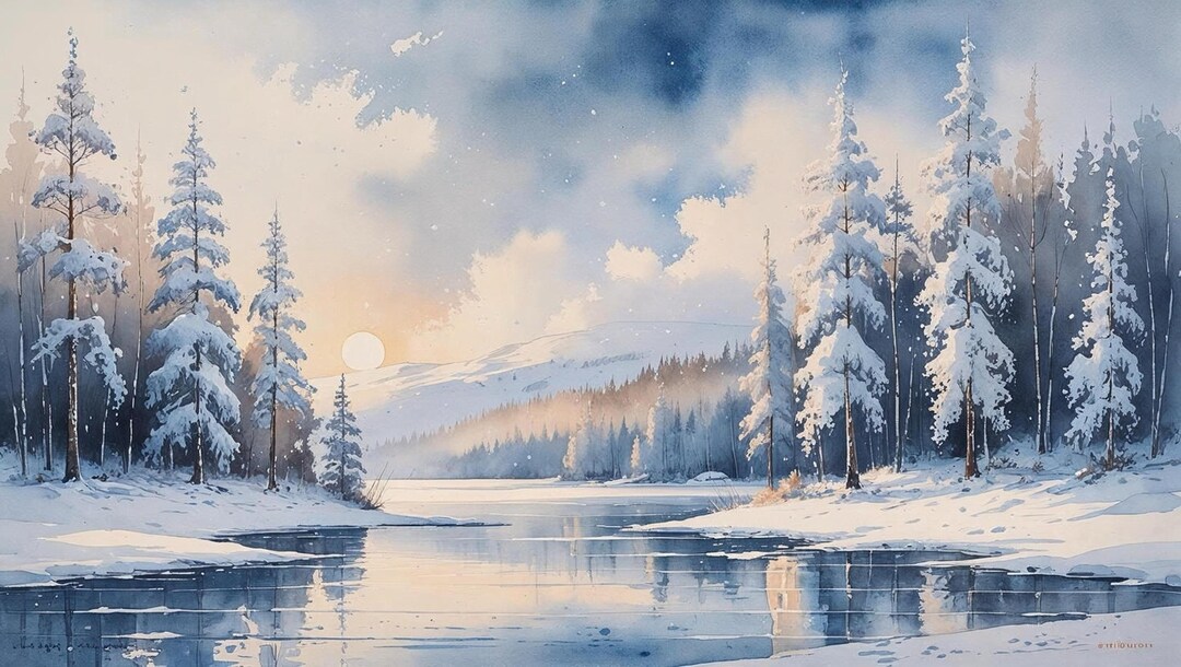 Finnish Snowy Landscape Printable Wall Art – Watercolor Winter Forest ...