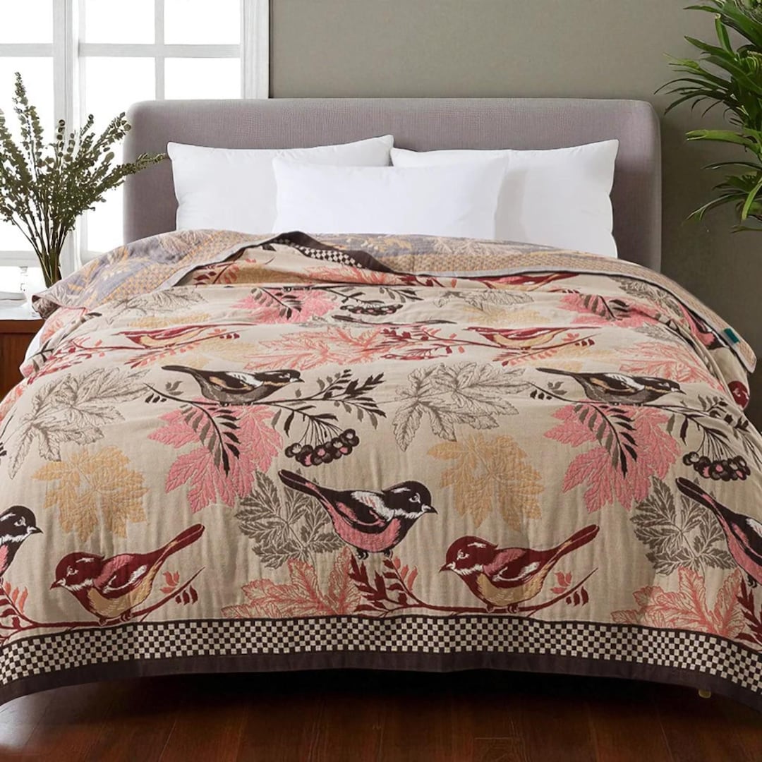 Cotton Gauze Blanket: Bird & Foliage Print Lightweight Throw - Etsy