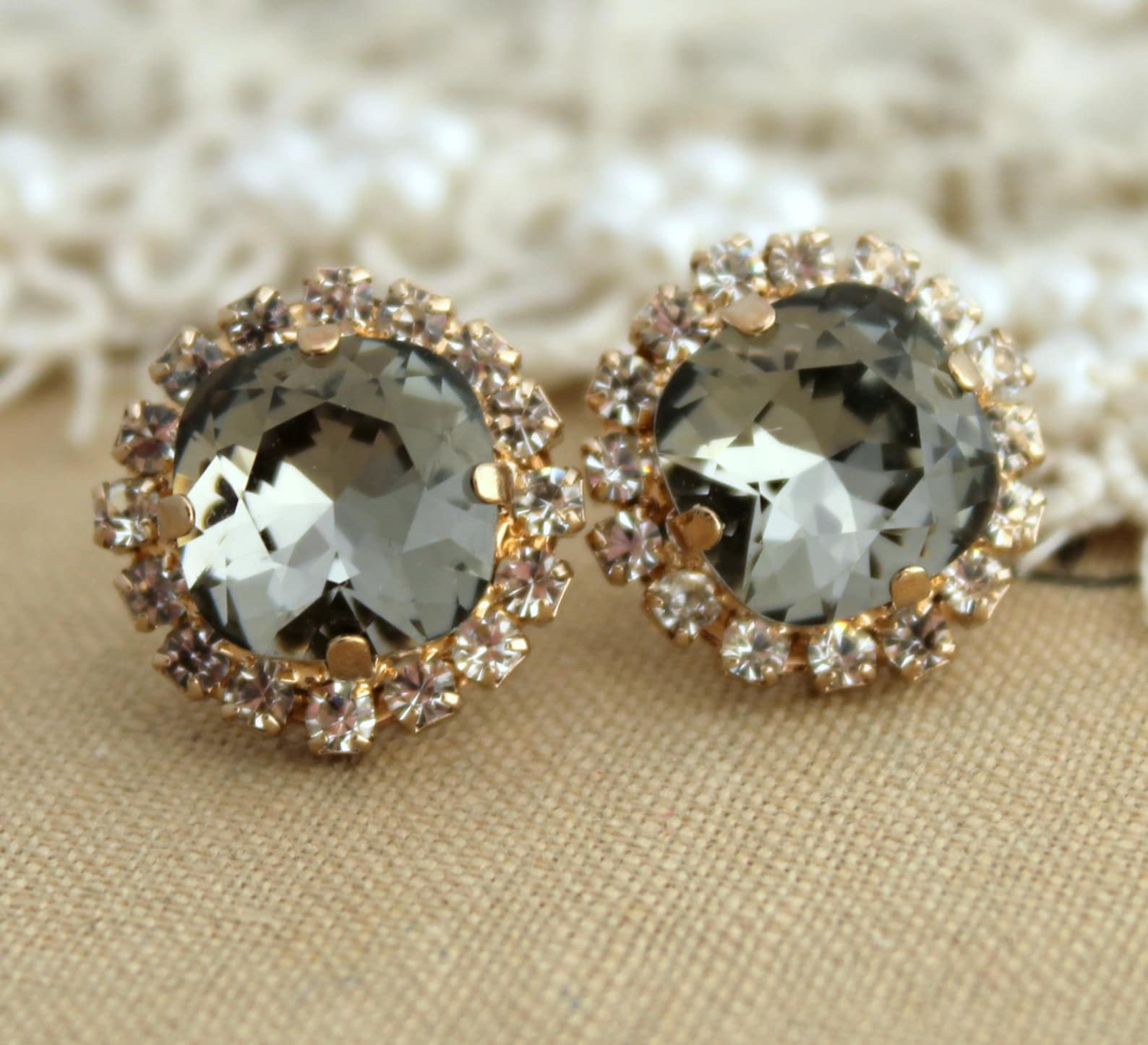 Gray Stud Earrings Bridal Gray Stud Earrings Swarovski Black - Etsy