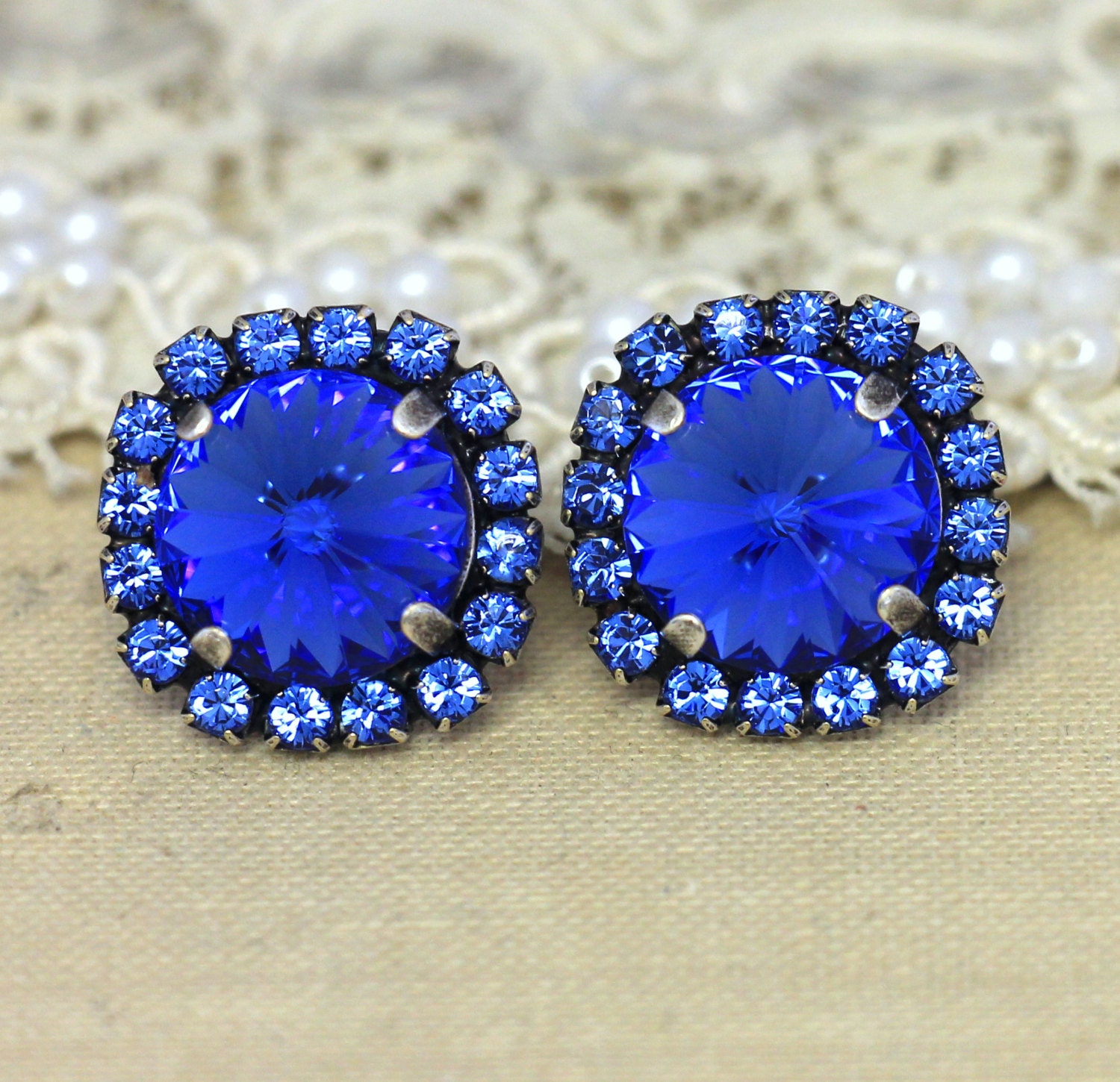 Blue Stud Earrings Sapphire Stud Earrings Swarovski Blue | Etsy