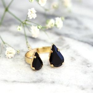 Black Cocktail Ring, Black Gold Crystal Adjustable Ring, Crystal ...