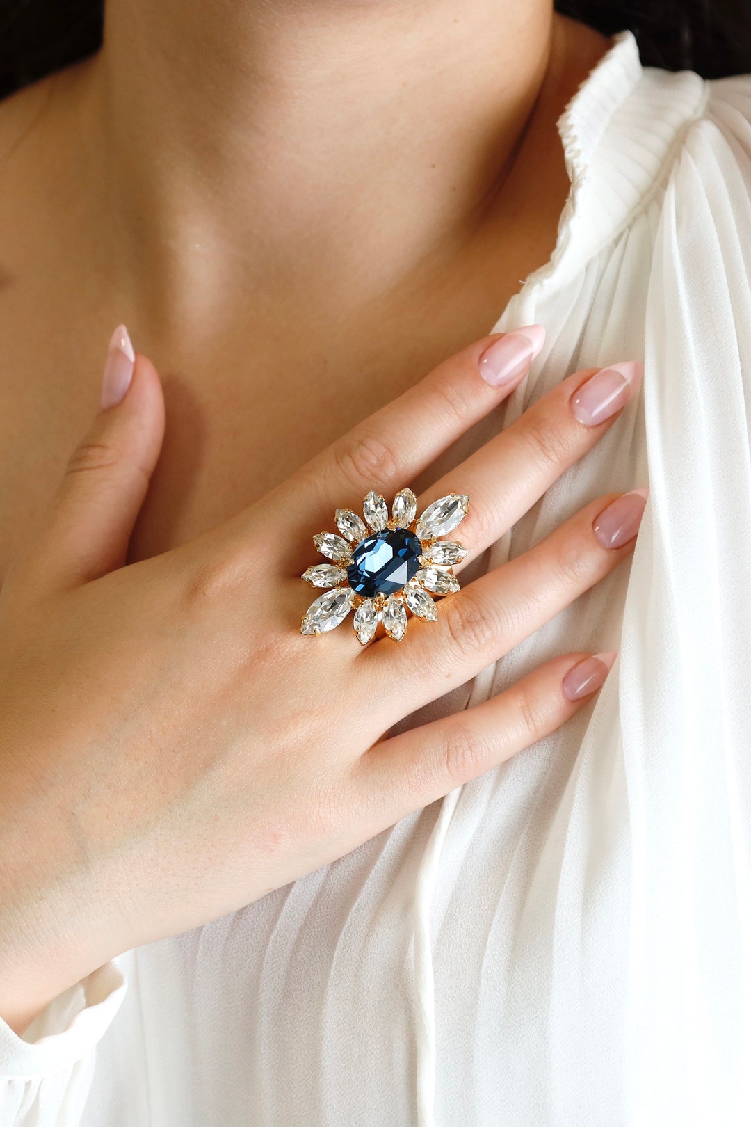 Blue Cocktail Ring, Navy Blue Crystal Cocktail Ring, Blue Sapphire ...