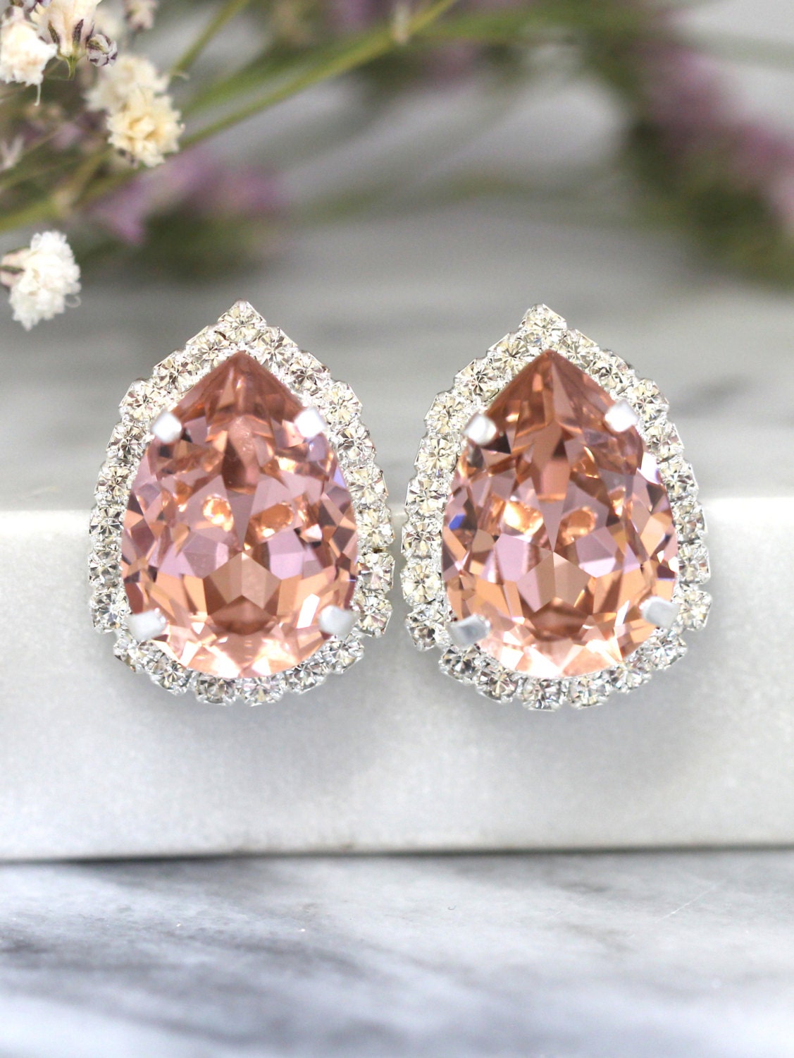 Bridal Blush Pink Stud Earrings, Dusty Pink Crystal Bridal Stud ...