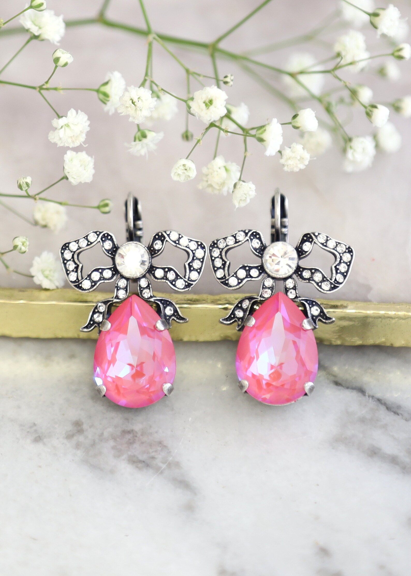 Pink Earrings Pink Crystal Drop Earrings Hot Pink Drop - Etsy