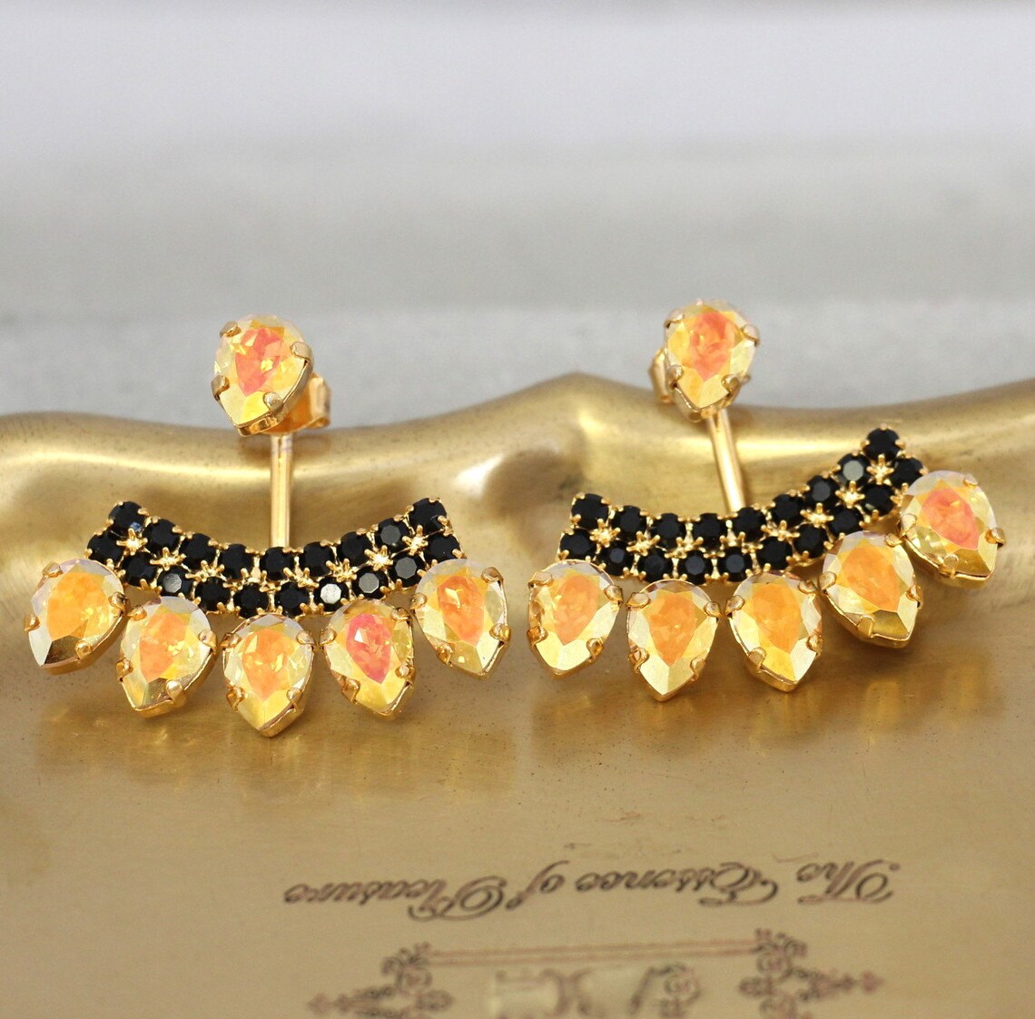 Ear Jacket Earrings Black Gold Earrings Swarovski Crystal | Etsy