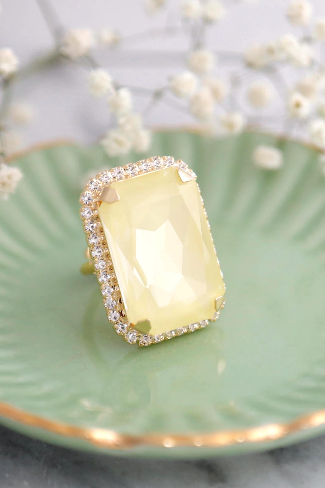 Yellow Cocktail Crystal Ring, Light Soft Yellow Statement Crystal Ring ...
