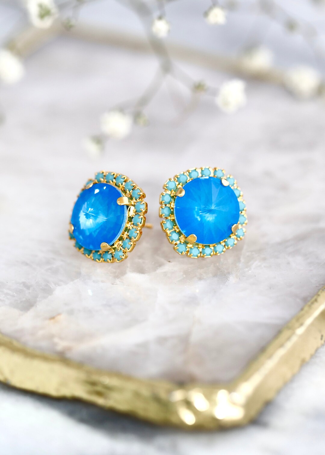 Electric Blue Stud Earrings, Neon Blue Austrian Crystal Earrings, Azure ...