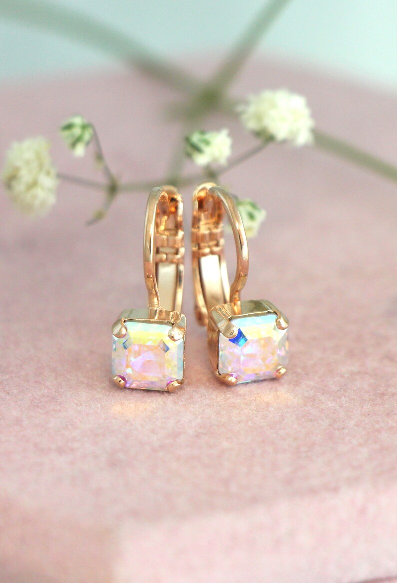 Holographic Crystal Drop Earrings, Princess Cut Bridal Droplet Earrings ...