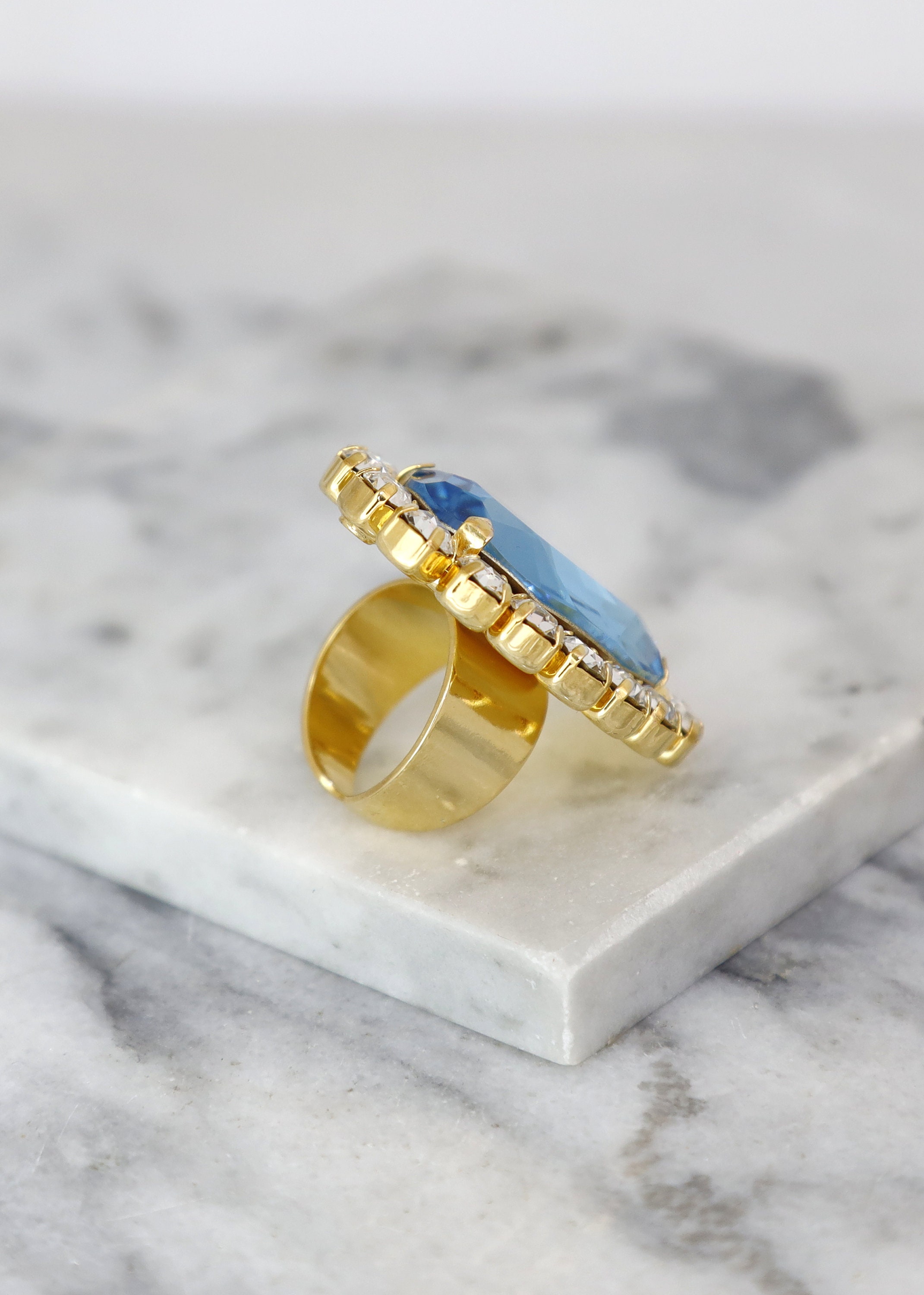 Cocktail Ring, Aquamarine Cocktail Crystal Ring, Statement Blue Crystal ...